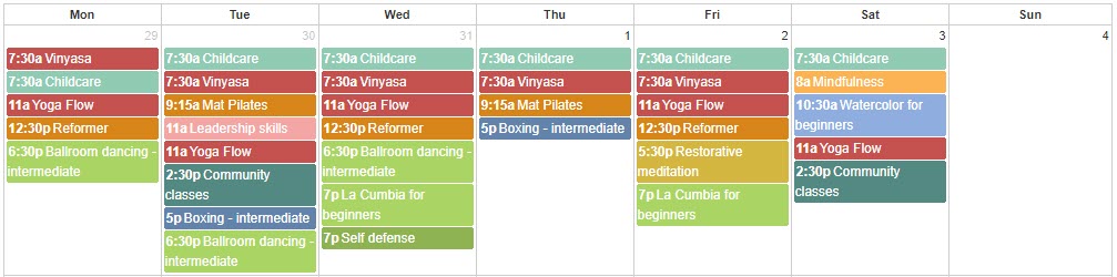 How colors are determined on the monthly calendar view for classes