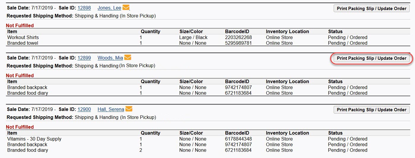 Manage Online Orders report