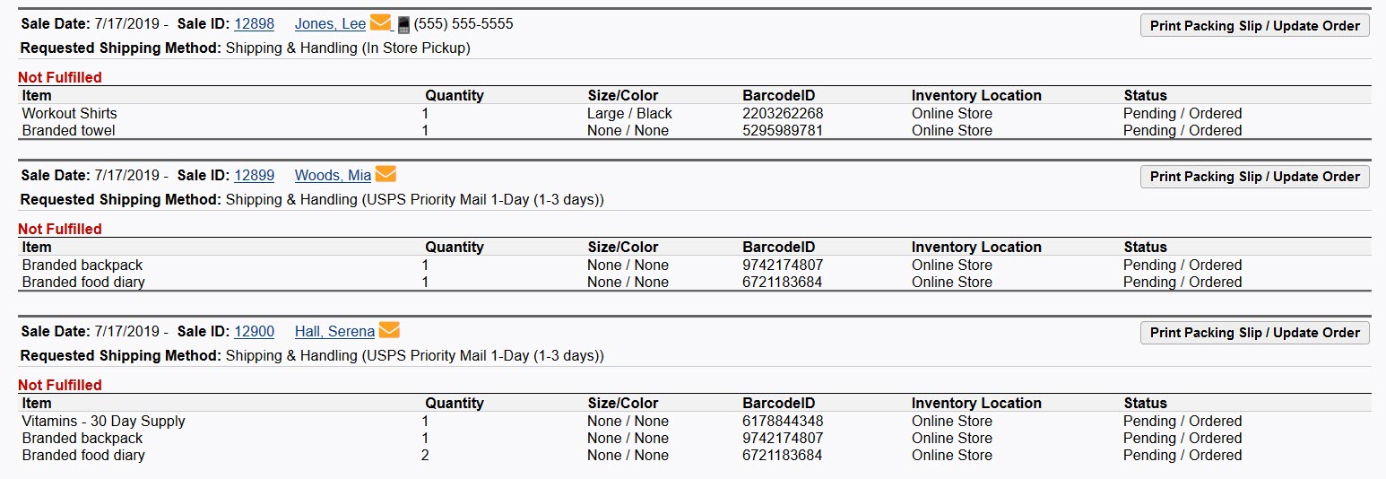 Manage Online Orders report