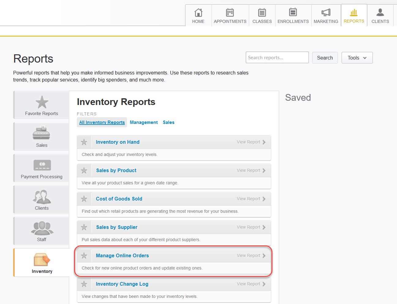Manage Online Orders report