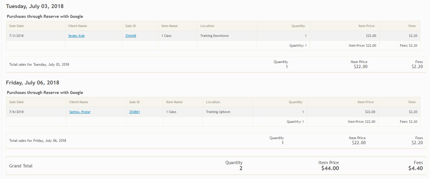 Mindbody Network Fees report