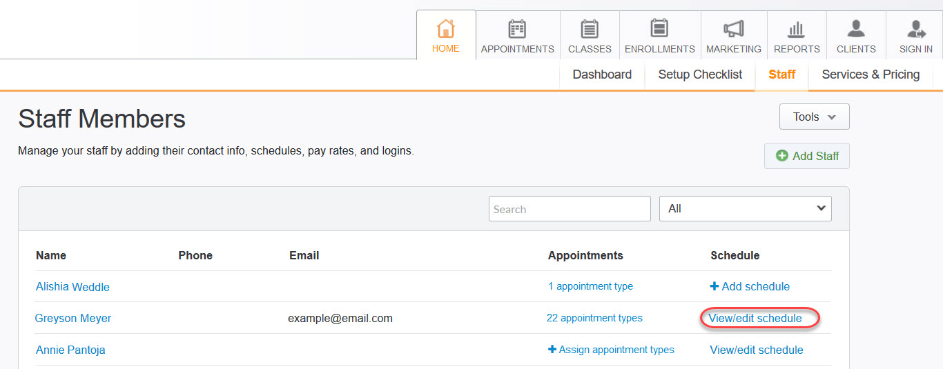 Appointments: Scheduling staff appointment availability