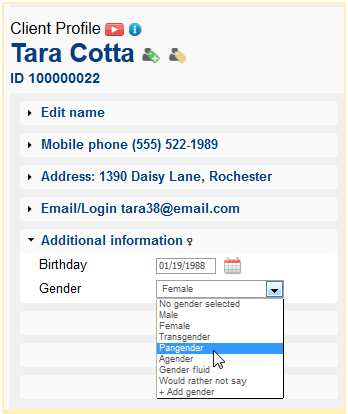 Gender options and preferences for clients and staff