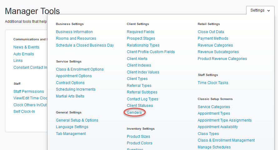 Gender options and preferences for clients and staff