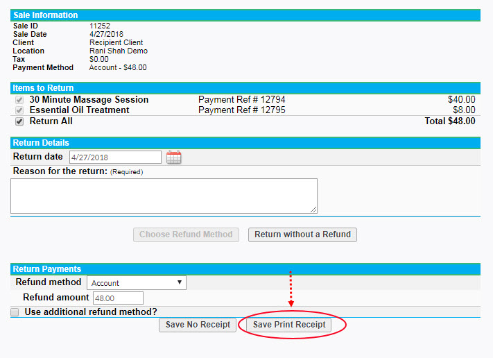 How do I send an email receipt of a refund?