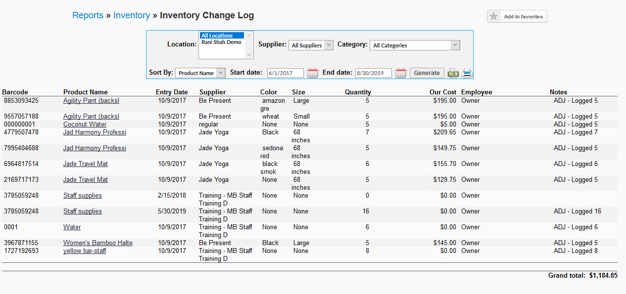 Inventory Change Log report