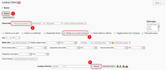 How do I find clients who have active contracts and are sharing pricing ...