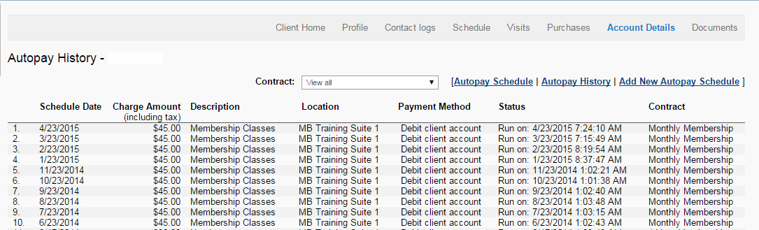 Managing autopays from a client's Account Details screen