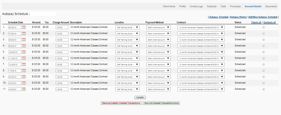 Managing autopays from a client's Account Details screen