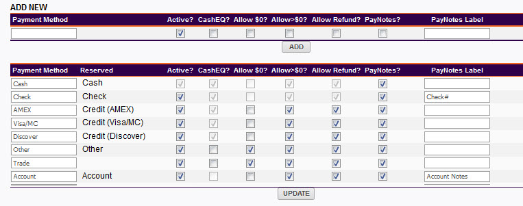 Payment Methods screen