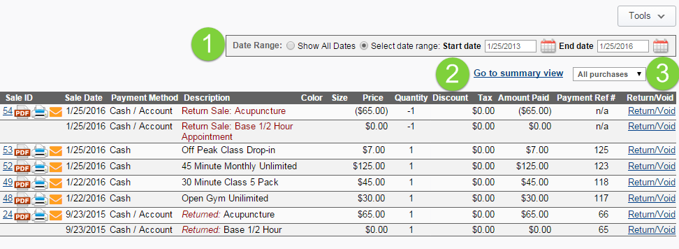 Client Purchases screen - overview