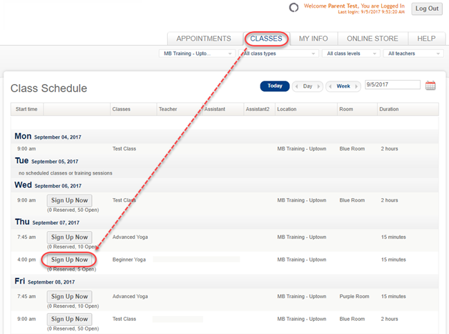How do I book my child in to a class while I'm logged in?