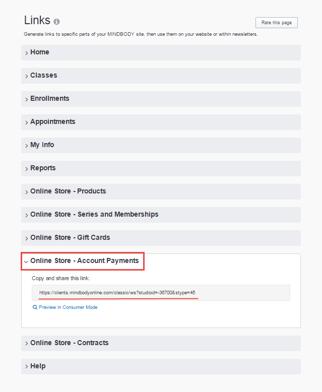 Links: How to create a link to Account Payments