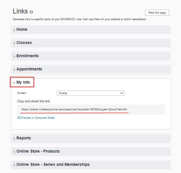 How to create links the My Info screen (Mindbody consumer site)