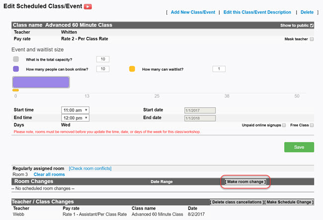How do I make a room change for a class that used the room in the past?