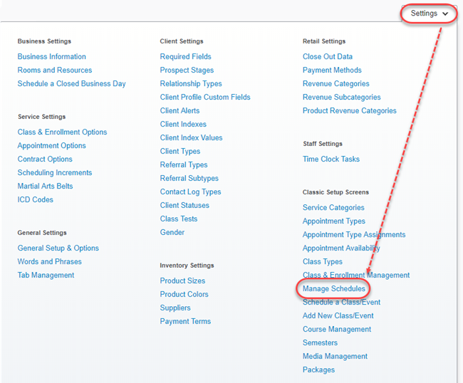 Manage Schedules Screen Classic Setup Screen