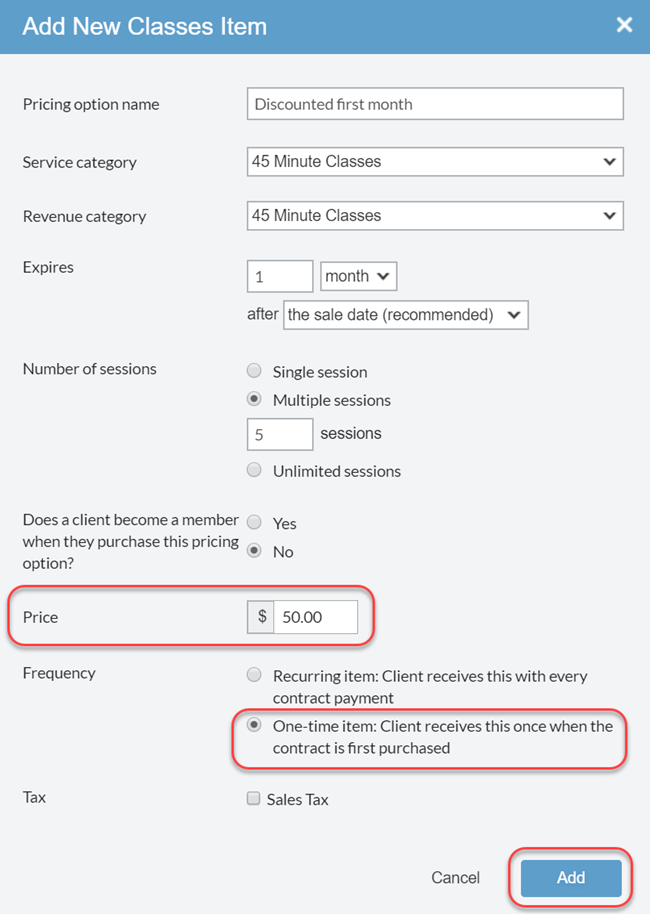 How do I discount the first month of a contract?