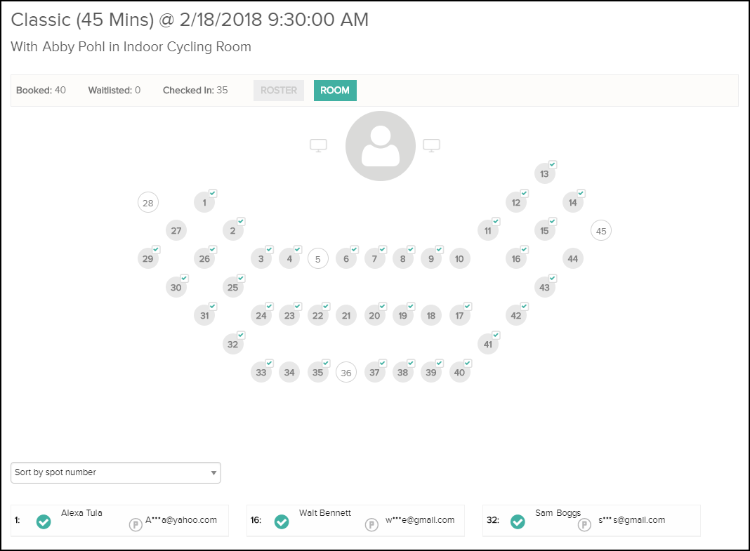 Class Details screen - Room view (FitMetrix)