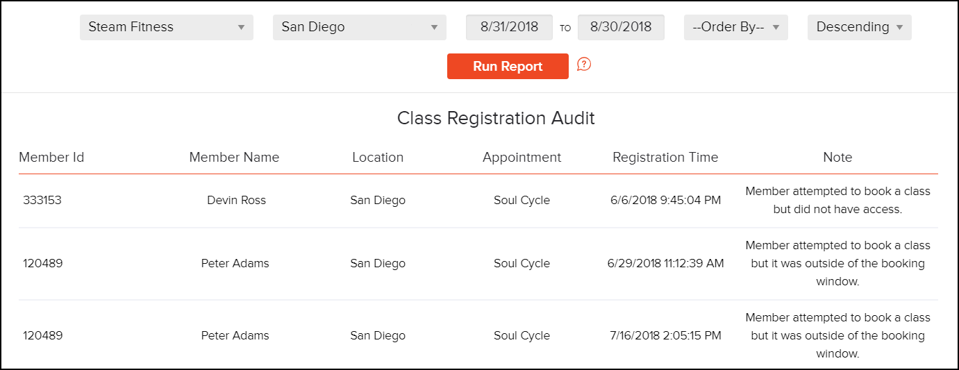 Class Registration Audit report (FitMetrix)