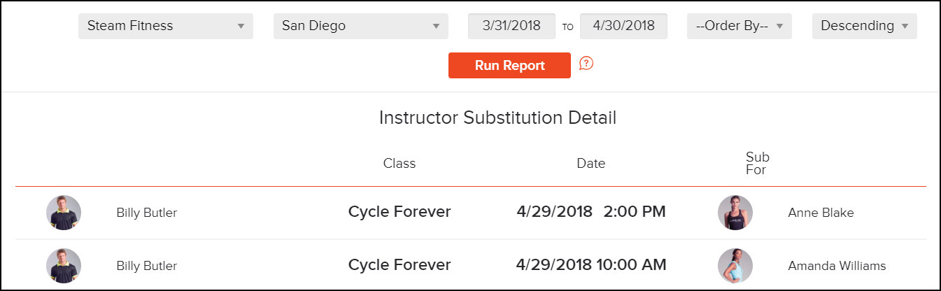 Instructor Substitution Detail report (FitMetrix)