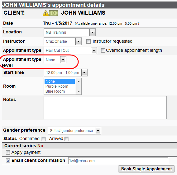 Appointment type levels (session levels)