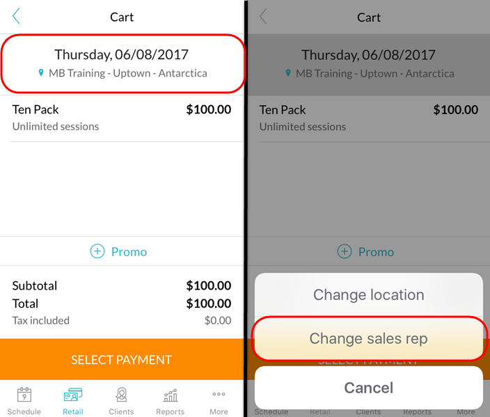 How to select a sales rep (Mindbody Business app, iOS)